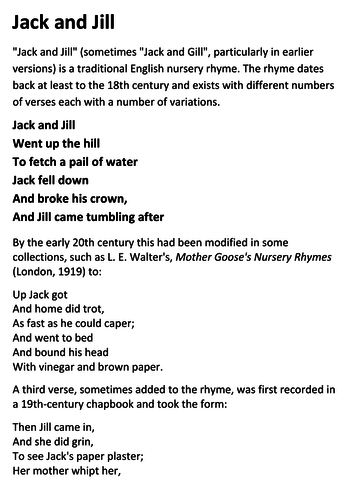 Jack and Jill Handout | Teaching Resources