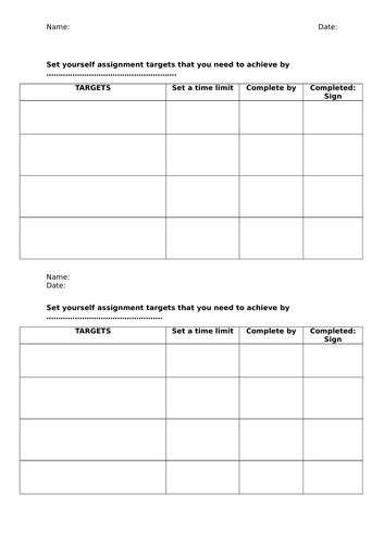 Student target sheet | Teaching Resources Student target sheet | Teaching Resources