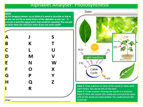 Photosynthesis Alphabet Analyser Sheet Keywords Ks3 Settler Starter Cover Lesson Science Biology