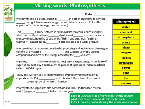 Photosynthesis Missing Words Cloze Sheet Keywords KS3 Settler Starter ...
