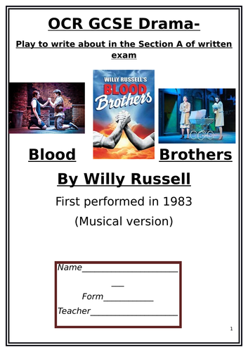 Drama GCSE OCR Blood Bros pupil workbook | Teaching Resources