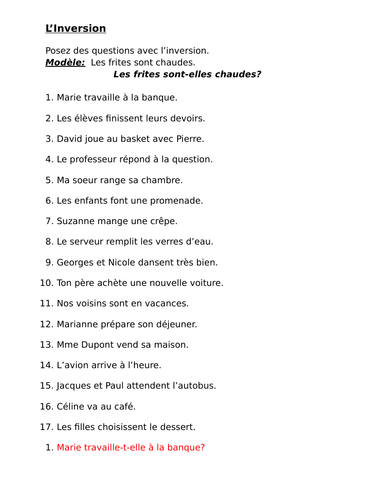 Inversions with Noun French Worksheet 2 | Teaching Resources
