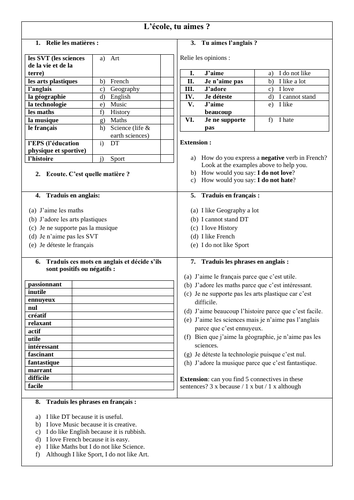 French KS3 School Subjects & Opinions: Les matières sentence builder ...