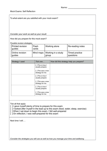 Mock Exam - Self Reflection Sheet (Editable) | Teaching Resources