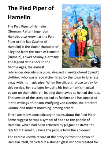 The Pied Piper of Hamelin Handout | Teaching Resources