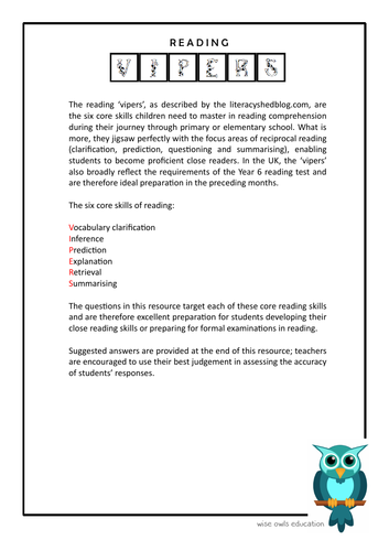 VIPERS Close Reading Questions SATs Resource to Practise Core Reading ...