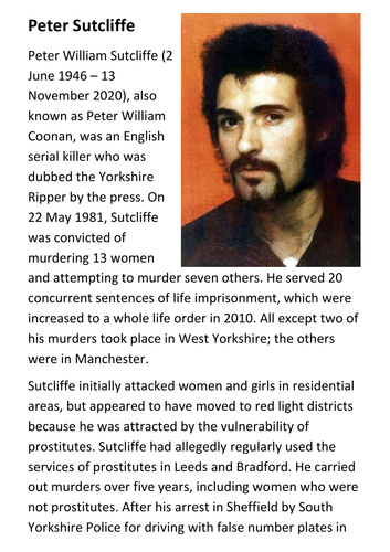 Peter Sutcliffe Handout - The Yorkshire Ripper | Teaching Resources