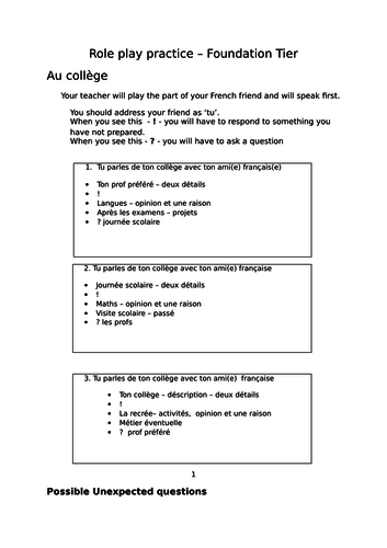 GCSE French Foundation role play practice | Teaching Resources