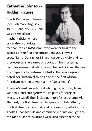 Katherine Johnson - Hidden Figures Handout | Teaching Resources