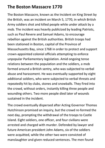 The Boston Massacre 1770 Handout | Teaching Resources