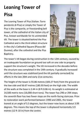 The Leaning Tower of Pisa Handout | Teaching Resources