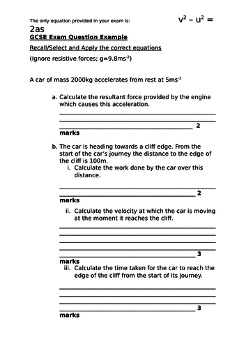 GCSE 9-1 Acceleration Formula Practice | Teaching Resources