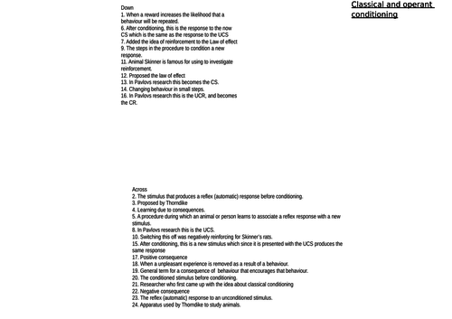 Classical and Operant conditioning crossword | Teaching Resources Classical and Operant conditioning crossword | Teaching Resources