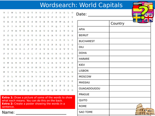 World Capitals Wordsearch Sheet Keywords KS3 Settler Starter Cover ...