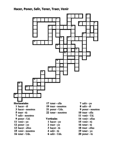 Hacer, Poner, Salir, Tener, Traer, Venir Spanish Verbs Crossword ...