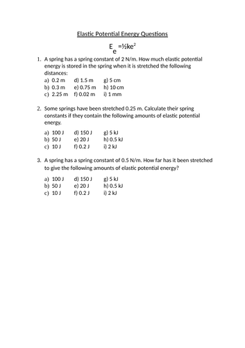 Elastic potential energy questions by particlezoo | Teaching Resources