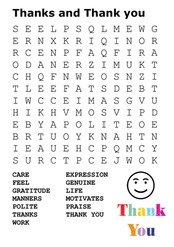 Thanks and Thank You Word Search | Teaching Resources