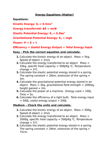 AQA Physics Unit 1 Energy Revision Calculations Questions | Teaching ...