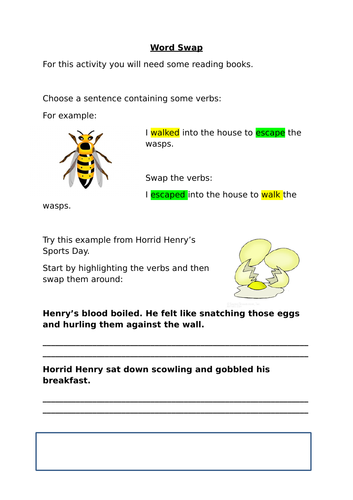 Word Swap - Verbs Based on an idea from Pie Corbett - Jumpstart ...