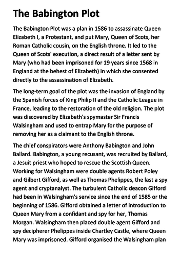 The Babington Plot Handout | Teaching Resources