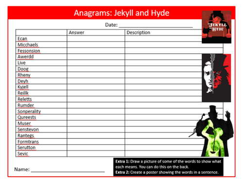 Jekyll and Hyde Anagrams Puzzle Sheet Keywords KS4 Settler Starter ...
