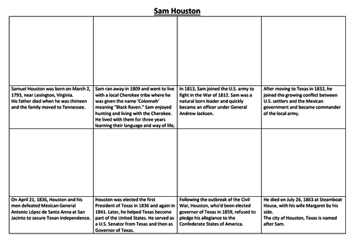 Sam Houston Comic Strip and Storyboard | Teaching Resources