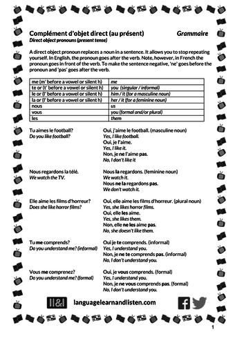Complément d'objet direct - (direct object pronouns) | Teaching Resources