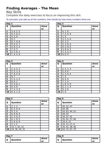 10 a day maths skills reinforcement - Averages | Teaching Resources