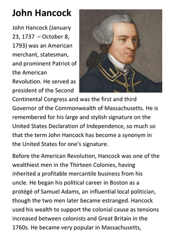 John Hancock Handout | Teaching Resources