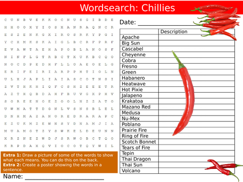 Chillies Wordsearch Puzzle Sheet Keywords Settler Starter Cover Lesson ...