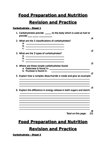 Carbohydrate Revision Worksheet AQA FPN | Teaching Resources