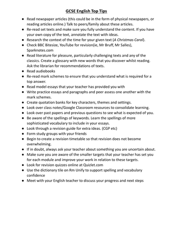 GCSE English Top Tips sheet | Teaching Resources