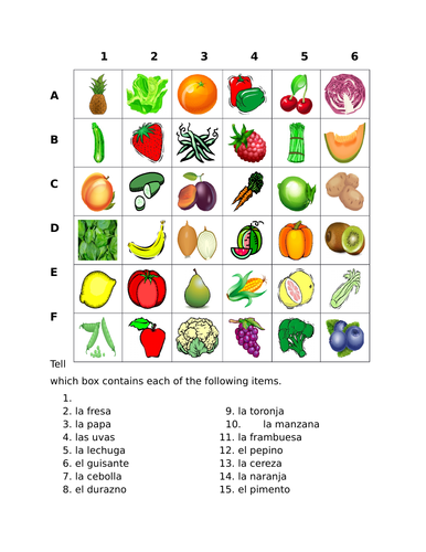 Frutas y Verduras (Fruits and Vegetables in Spanish) Find it Worksheet ...
