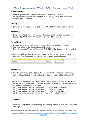 BTEC Digital IT - Year 9 Assessment: Component 1 Spreadsheet | Teaching ...