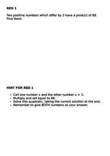 Differentiated Quadratics Problem Solving | Teaching Resources