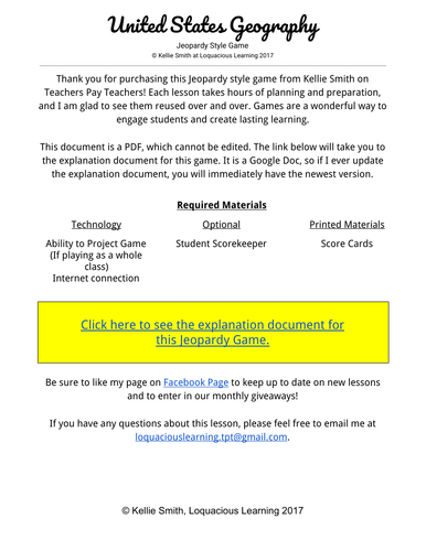 Customizable United States Geography Jeopardy Style Game | Teaching ...