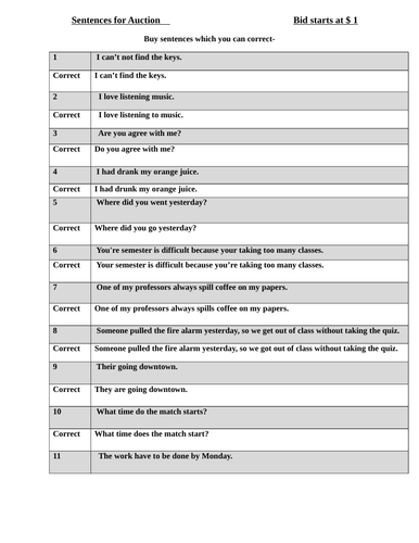 Auction the sentences game -middle school | Teaching Resources