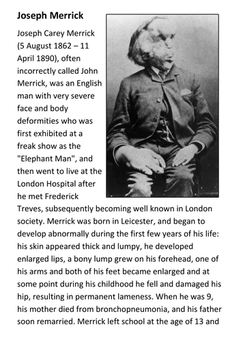 Joseph Merrick - The Elephant Man Handout | Teaching Resources