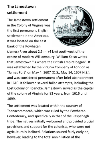 The Jamestown settlement Handout | Teaching Resources