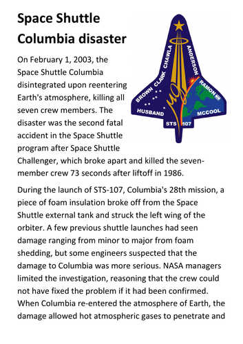 Space Shuttle Columbia disaster Handout | Teaching Resources