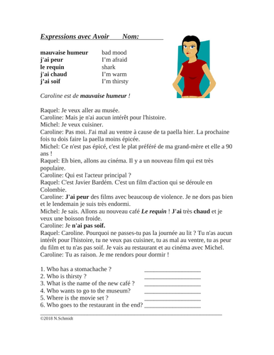 Expressions avec Avoir - Lecture en Français - Reading in French ...