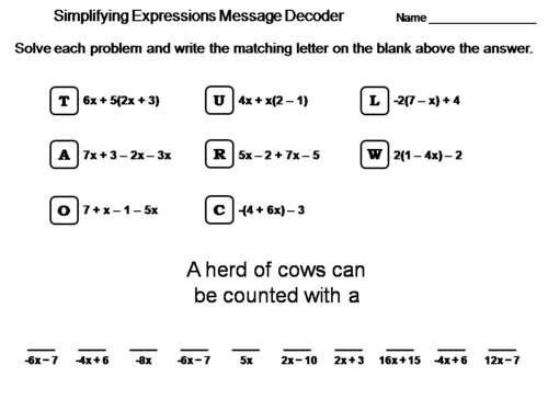 Simplifying Expressions: Math Message Decoder | Teaching Resources
