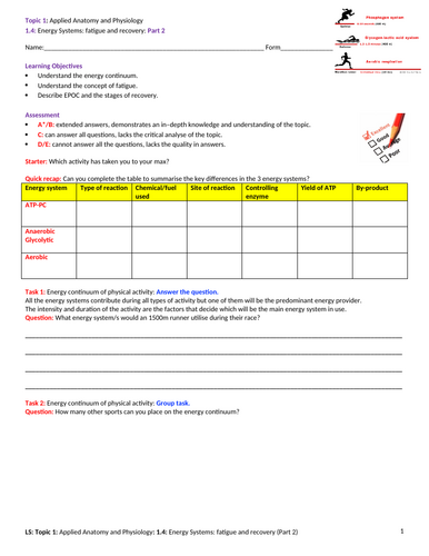 A-Level PE EDEXCEL (spec 2016) 1.4. Energy Systems: Part 2 | Teaching ...