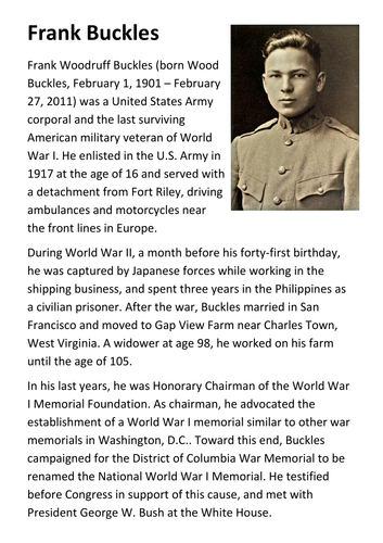 Frank Buckles World War One Handout | Teaching Resources
