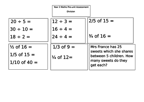 Year 2 pre-unit assessment for division | Teaching Resources