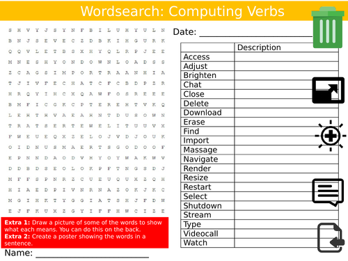 Computing Verbs Wordsearch Puzzle Sheet Keywords Settler Starter Cover ...