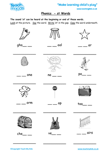 Phonics - 'st' Words and Pictures (Look, Say, Write and Copy ...