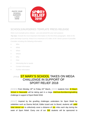 Sport Relief 2018: Press Release template | Teaching Resources