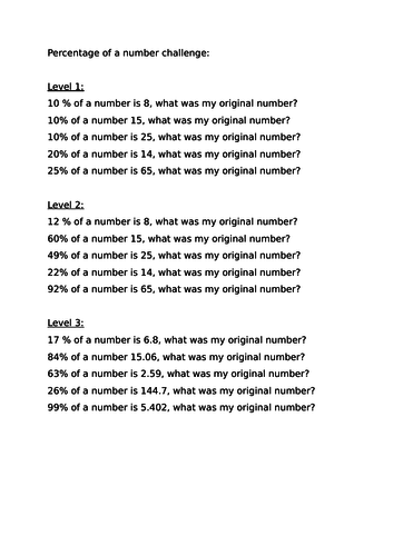 Percentage of amounts challenge questions | Teaching Resources