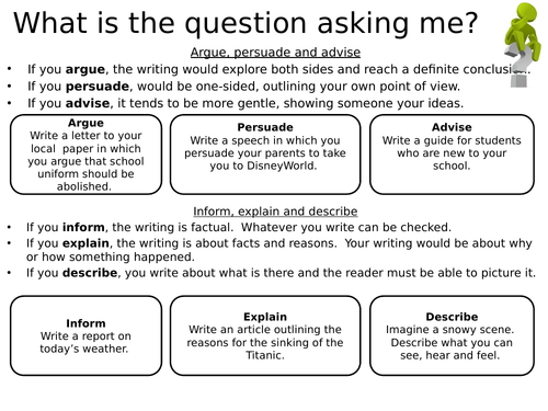 Argue, persuade, advise, inform, explain and describe information sheet ...